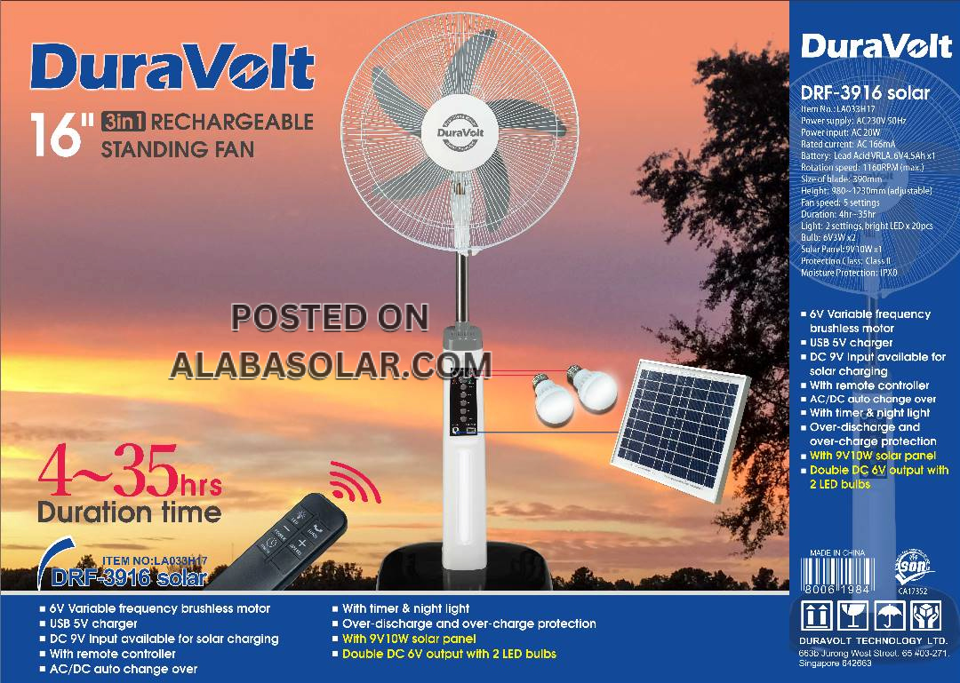 Duravolt 16″ solar standing fan Price in Nigeria 🇳🇬 Alaba Solar Marketplace